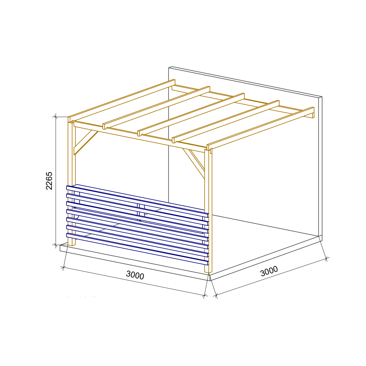 Pergola murale - adossée 3x3 avec option brise vue et toiture persienne